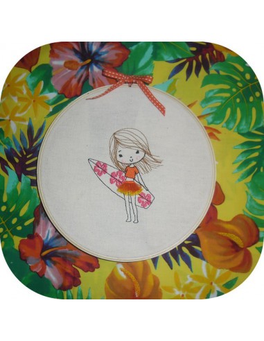 Machine embroidery design surfer girl with fringed skirt