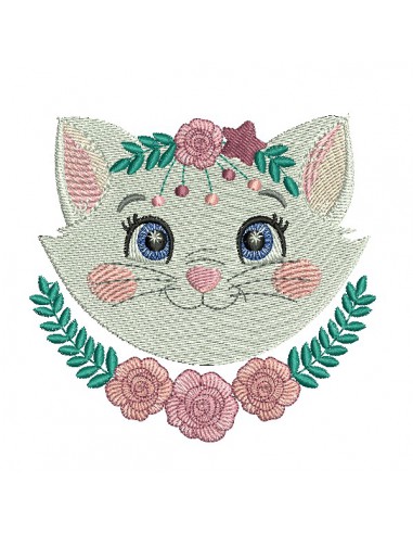 machine embroidery design cat with flowers
