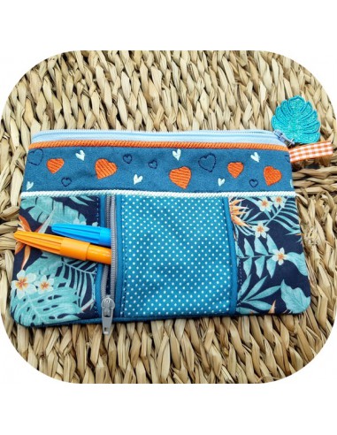 machine embroidery design two zip pencil case hearts ITH