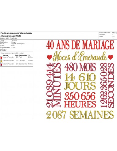 motif de broderie anniversaire 40 ans de mariage